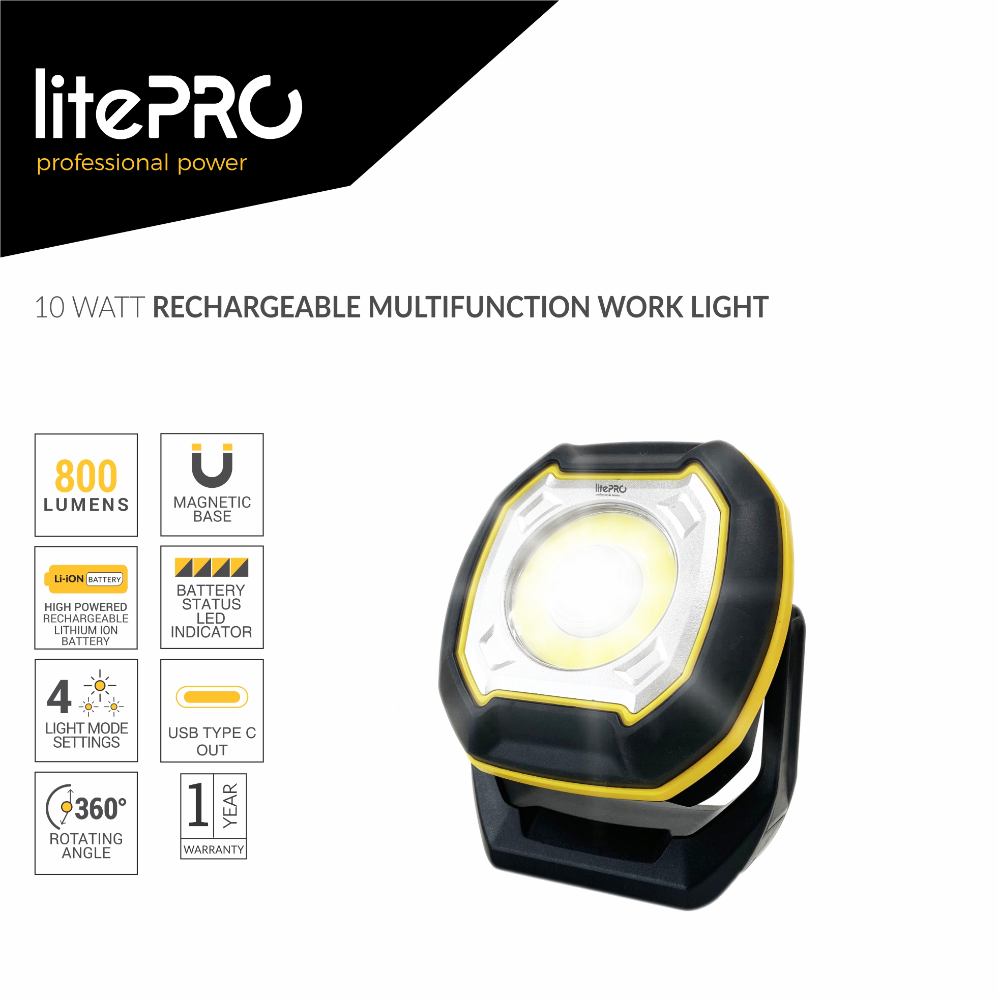 LitePro 10 WATT RECHARGEABLE MULTIFUNCTION WORK LIGHT - GENTECH