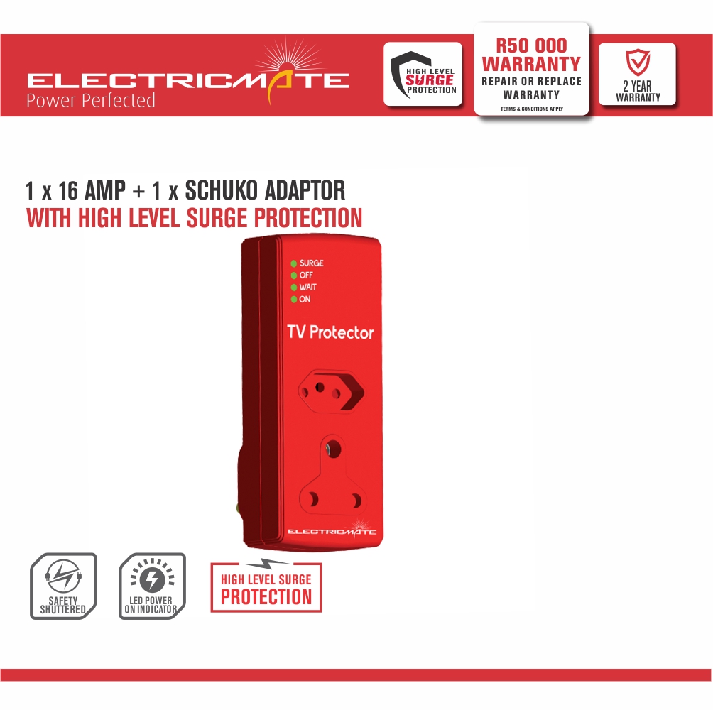 ELECTRICMATE TV SAFE PROTECTOR 1 X 16AMP + 1 X 3PIN EURO SOCKET WITH ...